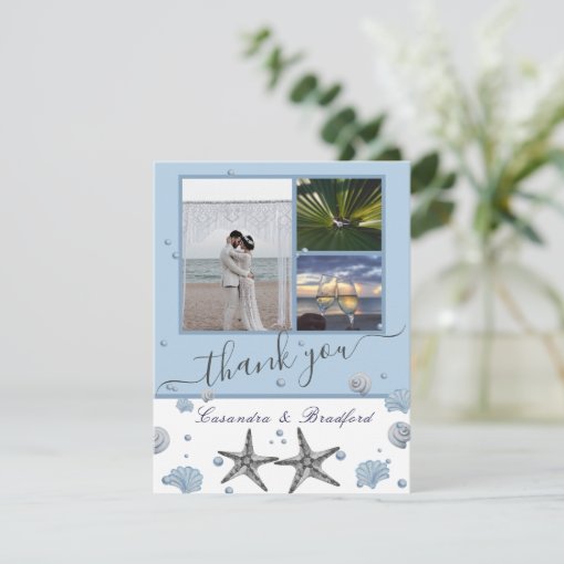 Dusty Blue Gray Starfish Shells 3 photo collage Thank You Card | Zazzle