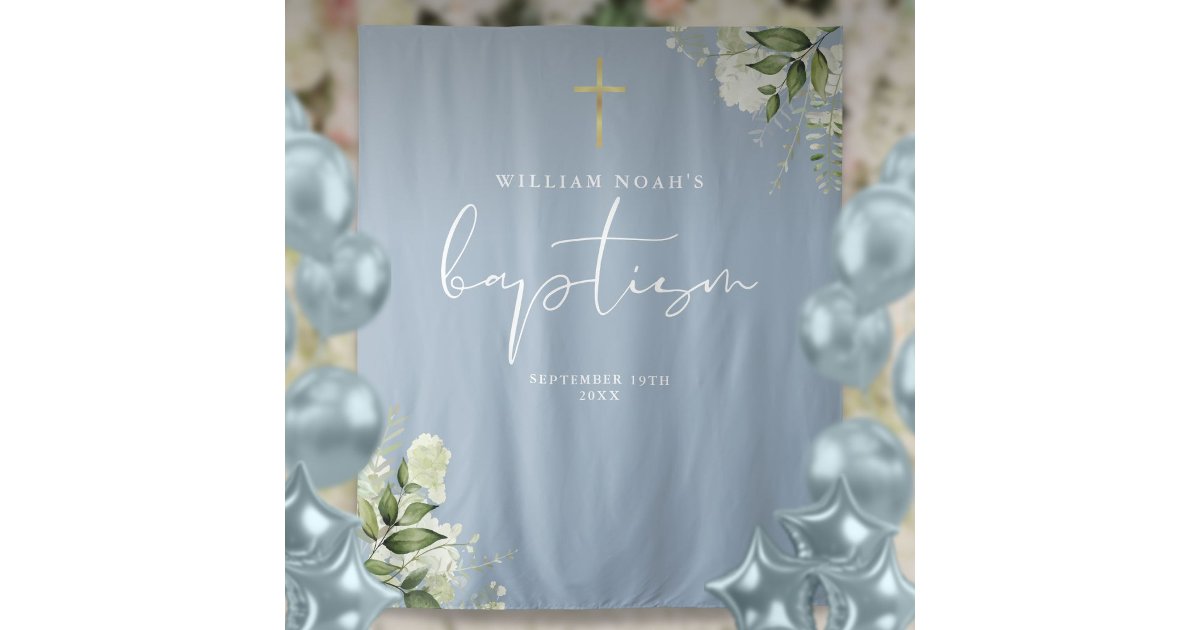 Dusty Blue Greenery Baptism Photo Backdrop | Zazzle