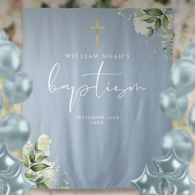 Dusty Blue Greenery Baptism Photo Backdrop | Zazzle