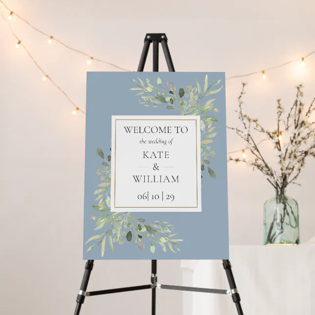 Dusty Blue Greenery Botanical Wedding Welcome Sign | Zazzle