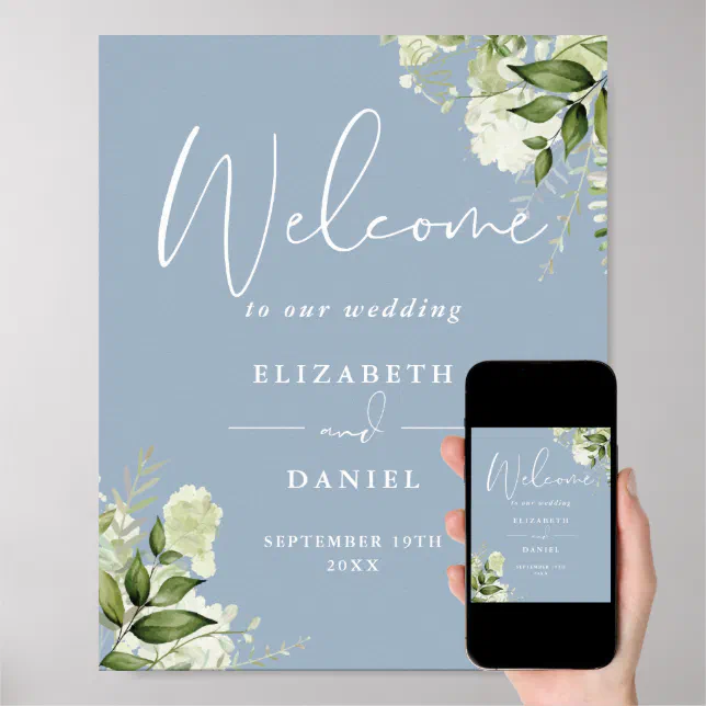 Dusty Blue Greenery Floral Wedding Welcome Sign | Zazzle