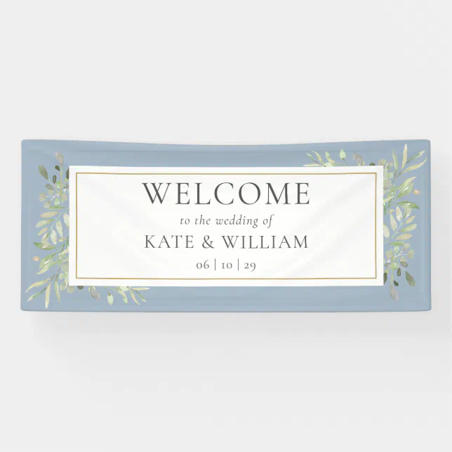 Dusty Blue Greenery Foliage Wedding Welcome Banner | Zazzle