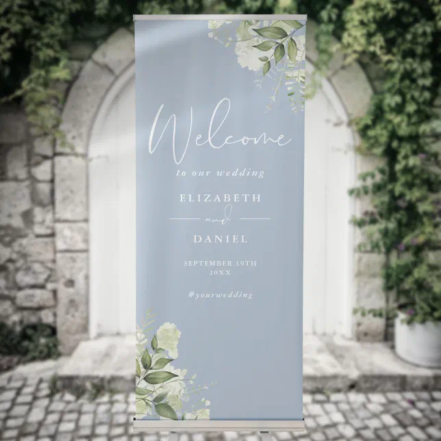 Dusty Blue Greenery Foliage Wedding Welcome Retractable Banner | Zazzle