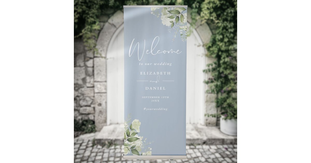 Dusty Blue Greenery Foliage Wedding Welcome Retractable Banner | Zazzle