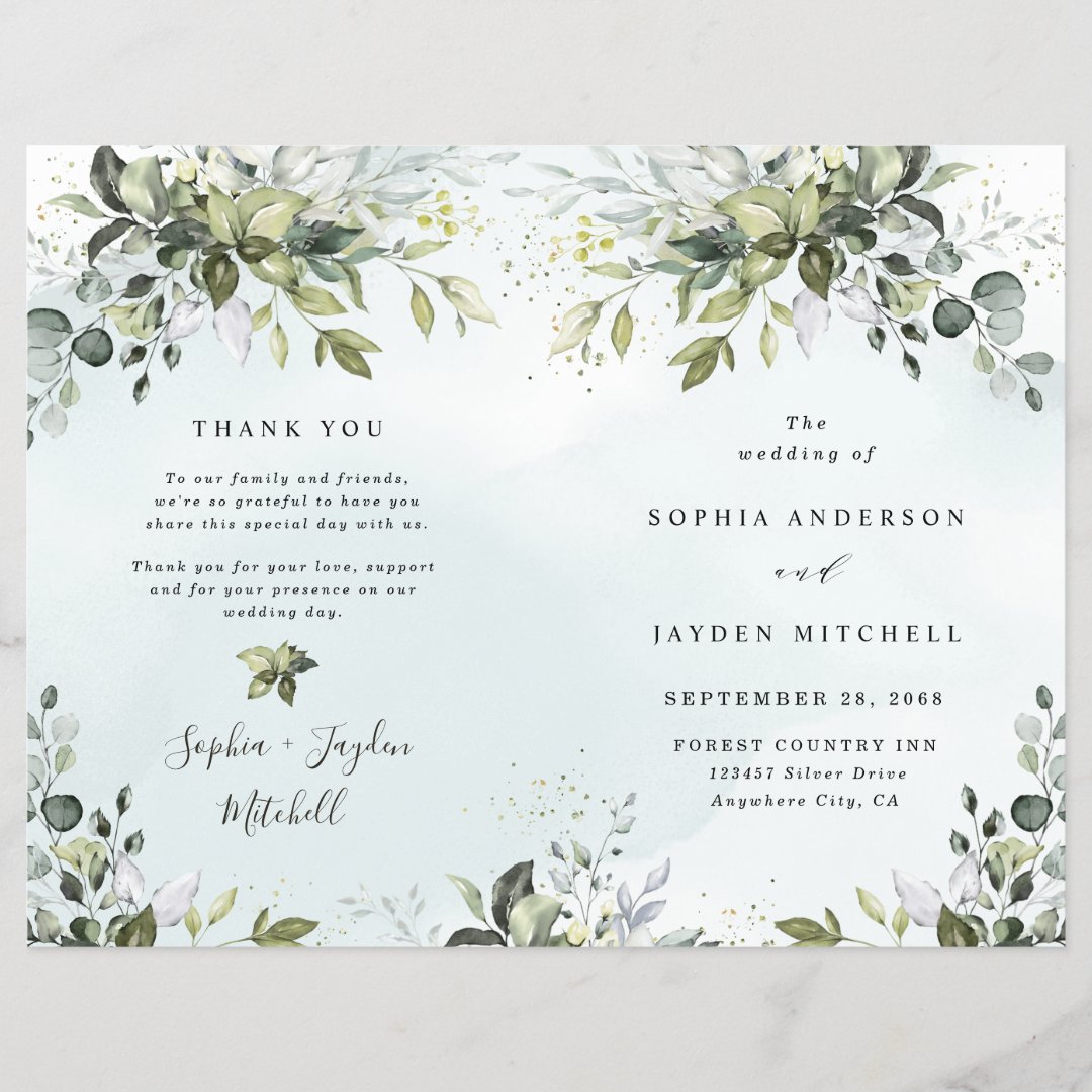 Dusty Blue Greenery Themed Folded Wedding Programs | Zazzle