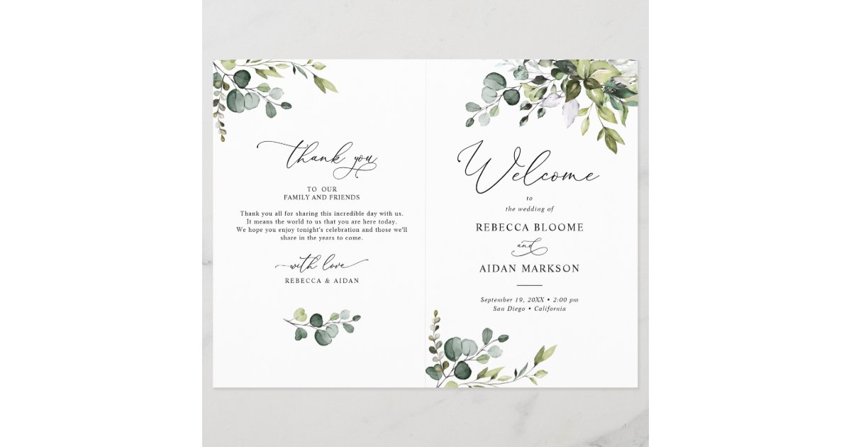 Dusty Blue Greenery Wedding Program Bi-Fold | Zazzle