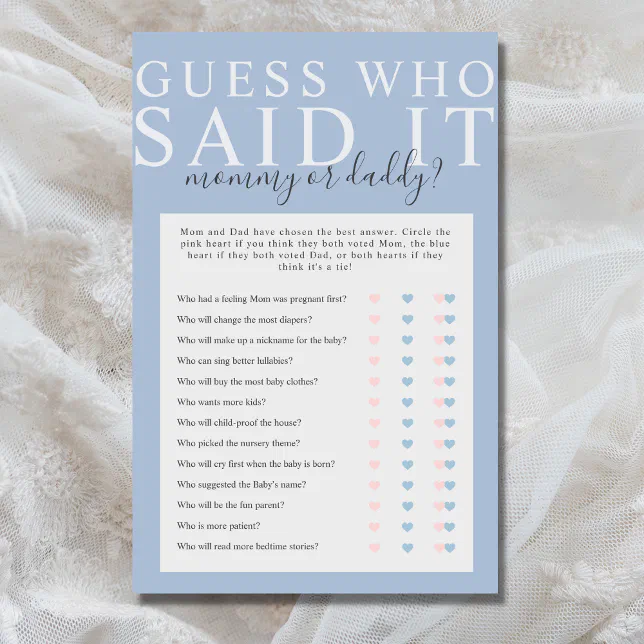 Dusty Blue Guess Who Said It Baby Shower Game | Zazzle