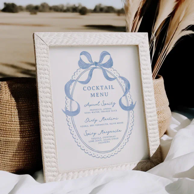 Dusty Blue Hand Drawn Bow Frame Cocktail Menu Poster | Zazzle