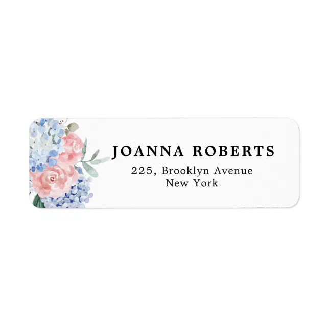 Dusty blue hydrangeas pastel pink roses wedding label | Zazzle