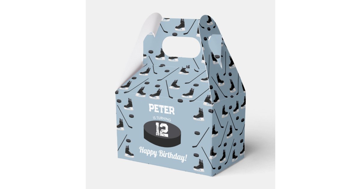 Dusty Blue Ice Hockey Stick, Skates Puck Birthday Favor Boxes | Zazzle