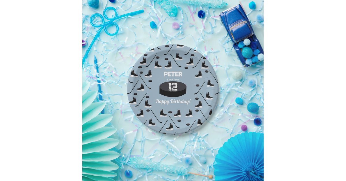 Dusty Blue Ice Hockey Stick, Skates Puck Birthday Paper Plates | Zazzle