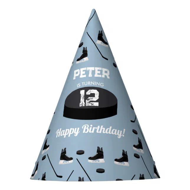 Dusty Blue Ice Hockey Stick, Skates Puck Birthday Party Hat | Zazzle