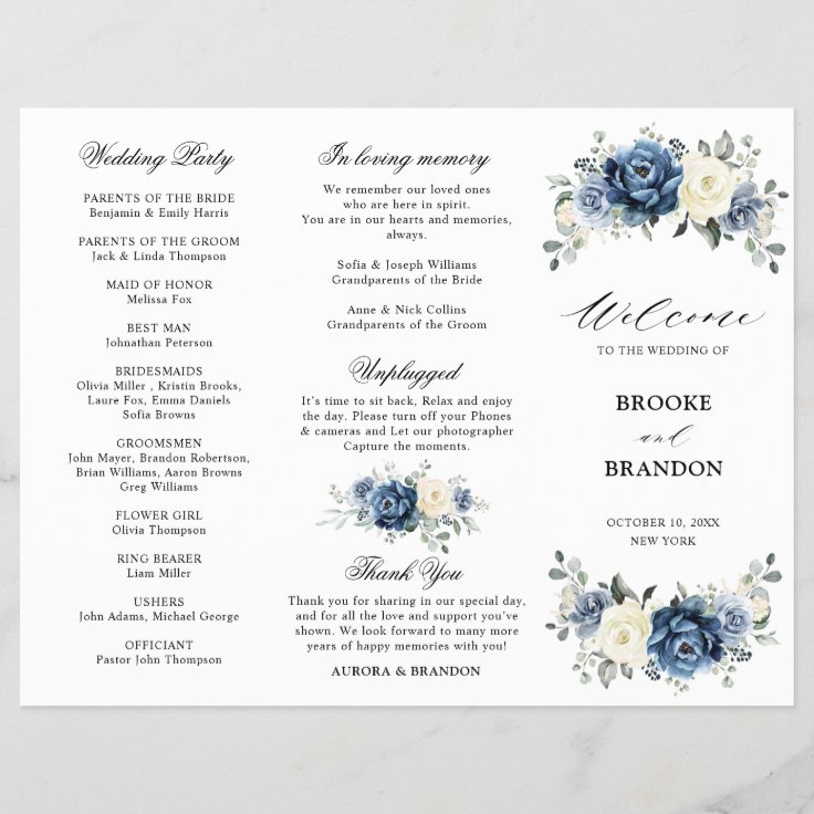 Dusty Blue Ivory Floral Tri-fold Wedding Program | Zazzle