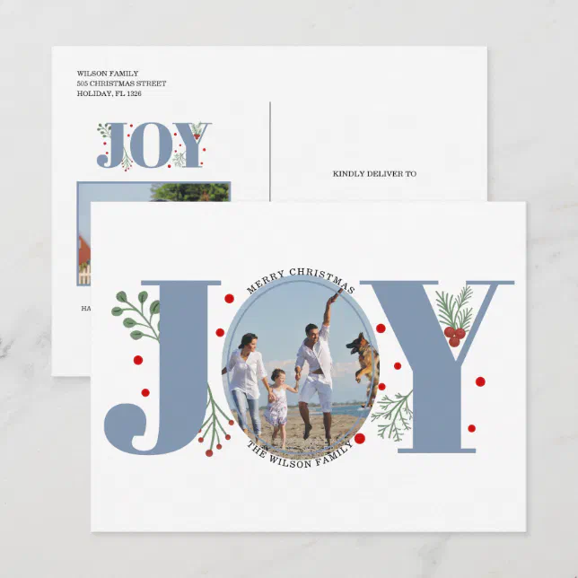 Dusty blue Joy, berries Christmas holiday photo Postcard | Zazzle