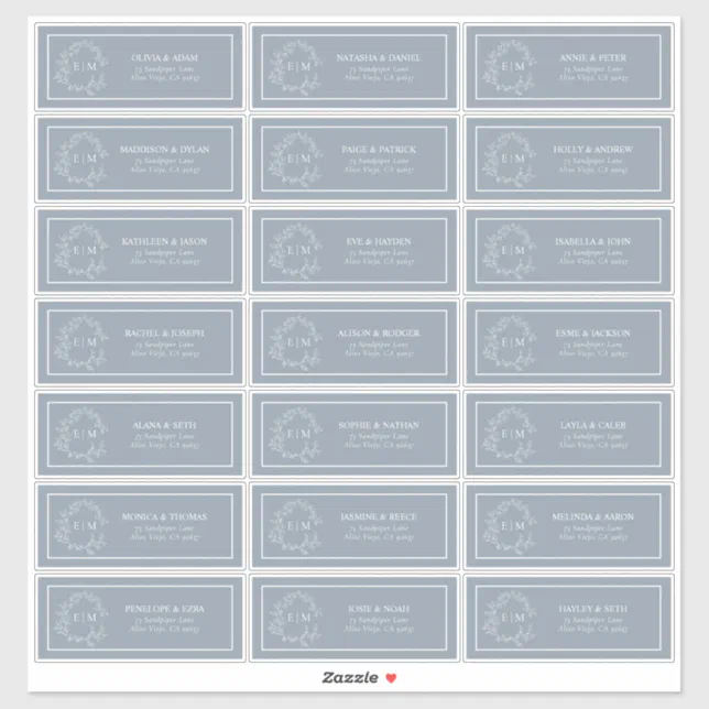 Dusty Blue Leafy Crest Monogram Guest Address Sticker | Zazzle