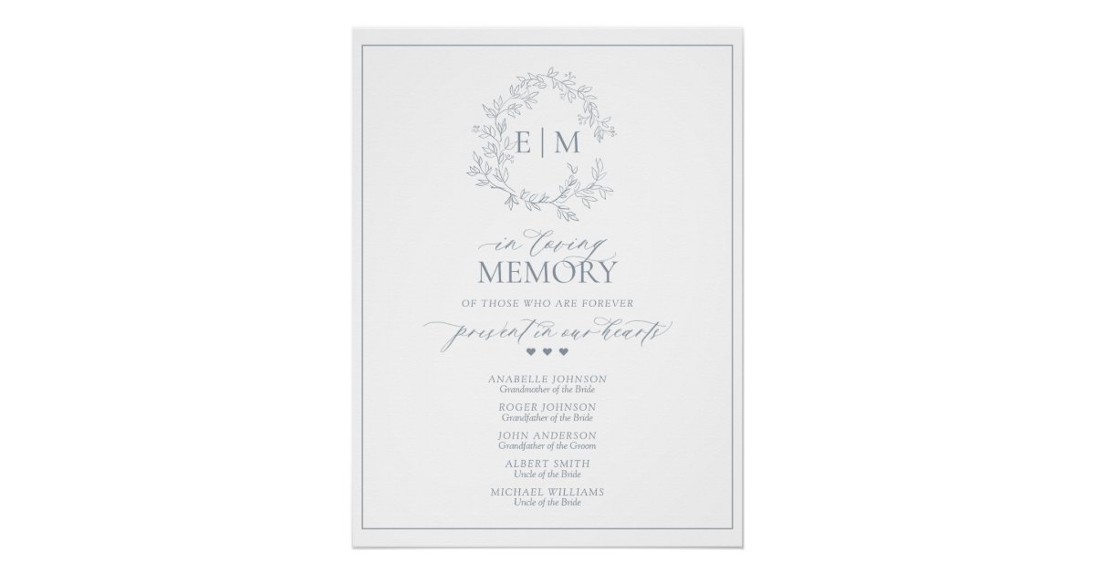 Dusty Blue Leafy Crest Monogram In Loving Memory Poster | Zazzle