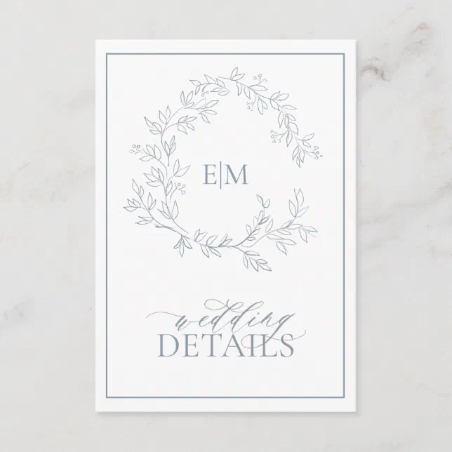 Dusty Blue Leafy Crest Monogram Wedding Details Enclosure Card | Zazzle