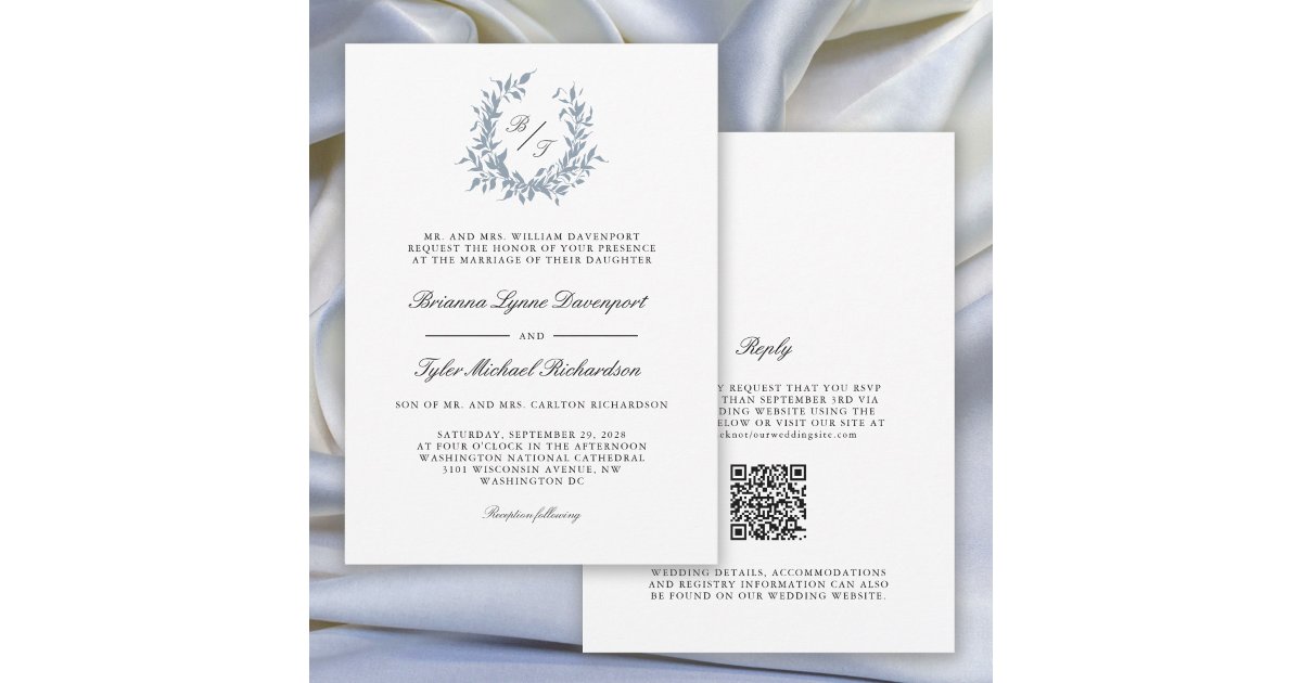 Dusty Blue Leafy Crest Monogram Wedding Invitation | Zazzle