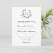 Dusty Blue Leafy Crest Monogram Wedding Invitation | Zazzle