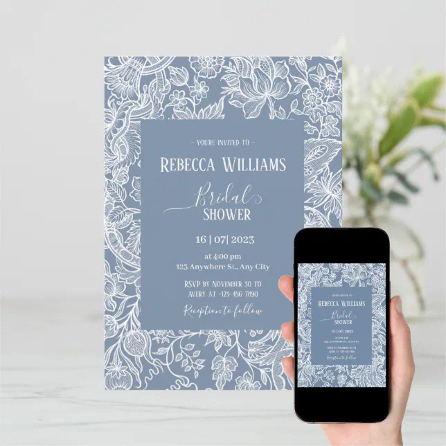 Dusty Blue Line Art Wildflowers Floral Bridal Invitation | Zazzle