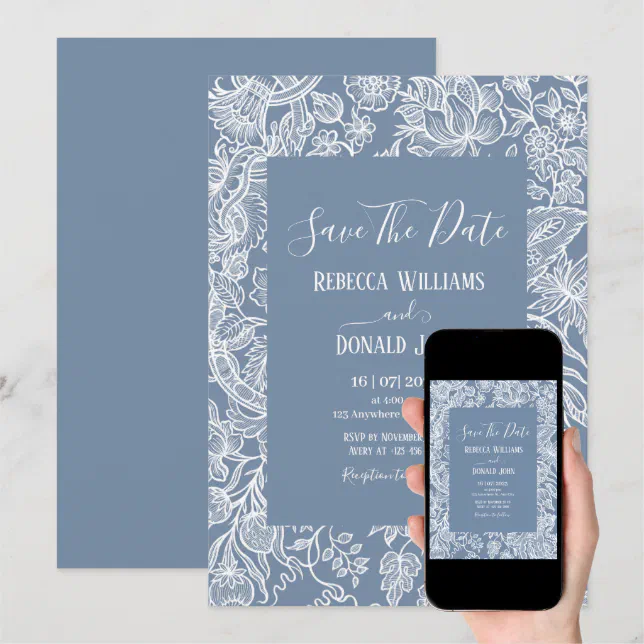 Dusty Blue Line Art Wildflowers Floral chinoiserie Invitation | Zazzle