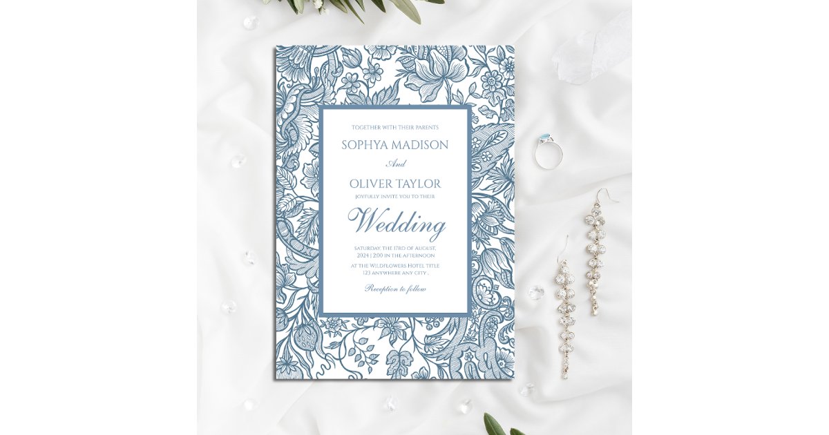 Dusty Blue Line Art Wildflowers Floral Invitation | Zazzle