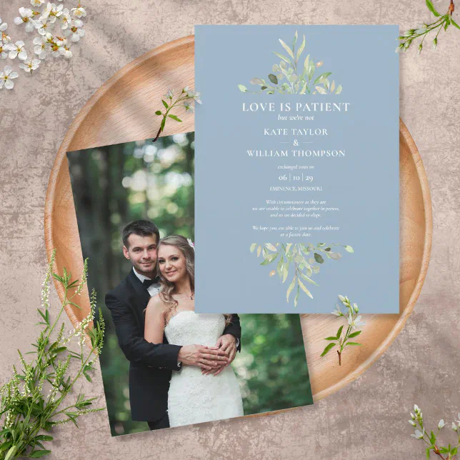 Dusty Blue Love Is Patient Elopement Announcement | Zazzle