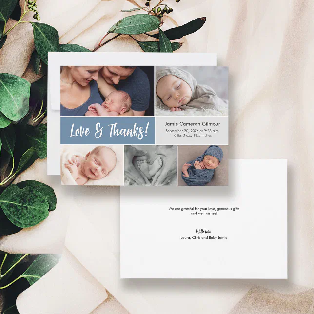 Dusty Blue Love & Thanks Multi Photos Baby Shower Thank You Card | Zazzle