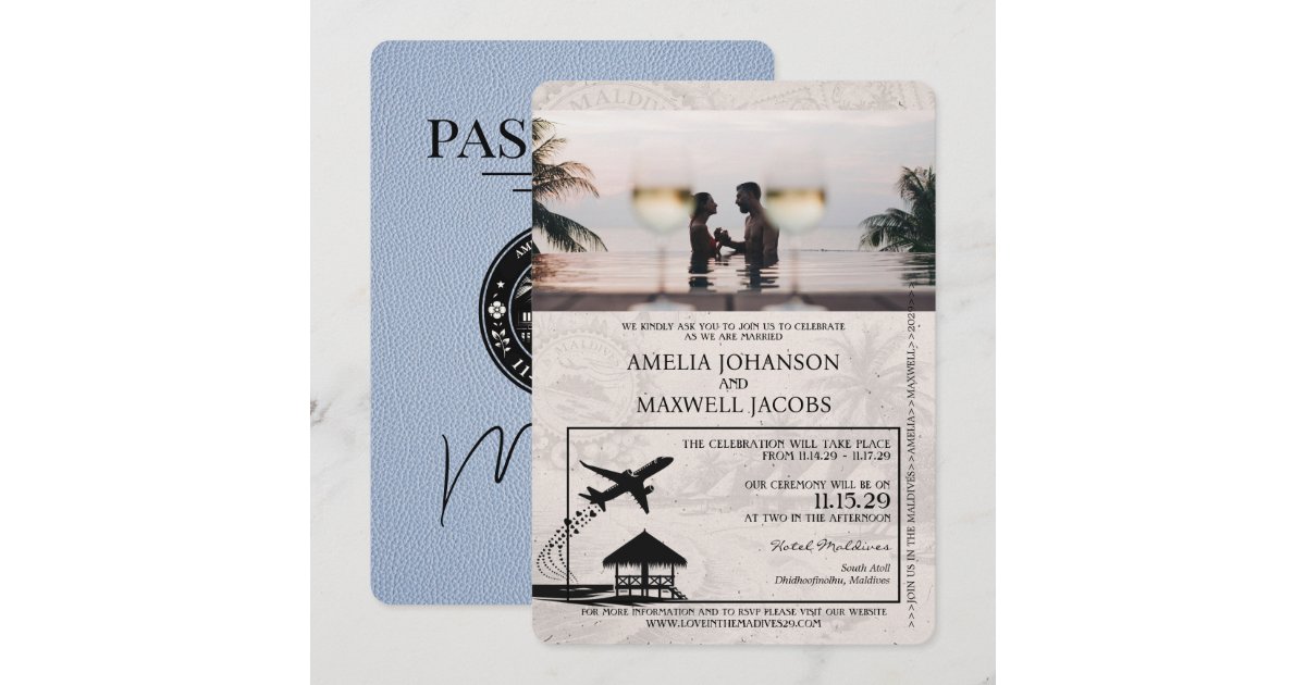 Dusty Blue Maldives Passport Wedding Invitation | Zazzle