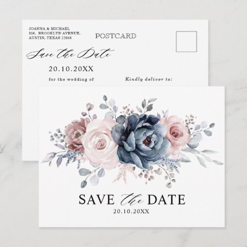 Dusty Blue Mauve Rose Pink Floral Save the Date Postcard | Zazzle