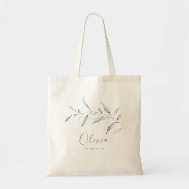 Dusty blue minimal greenery bridesmaid tote bag | Zazzle