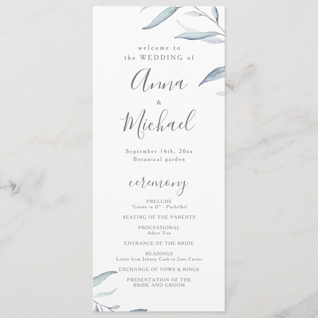 Dusty blue minimal greenery rustic wedding program | Zazzle