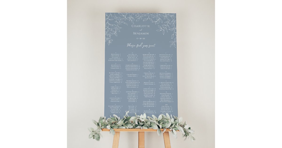 Dusty Blue Minimal Leaf Wedding Seating Chart Foam Board | Zazzle
