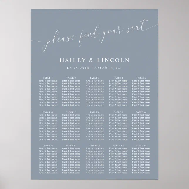 Dusty Blue Minimal Wedding Seating Chart | Zazzle