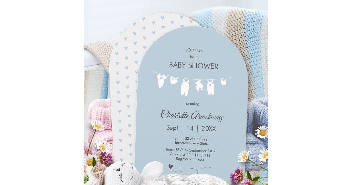 Dusty Blue Minimalist Arched Baby Boy Shower Invitation | Zazzle
