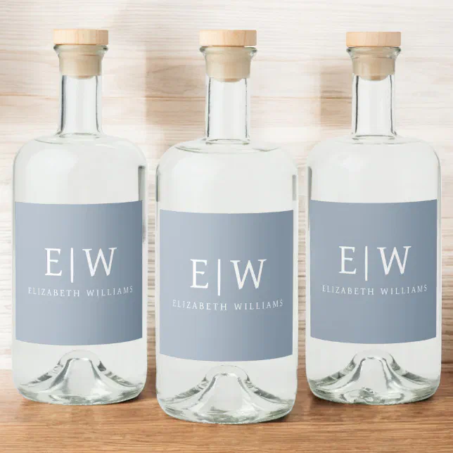 Dusty Blue Minimalist Modern Monogram Elegant Liquor Bottle Label | Zazzle