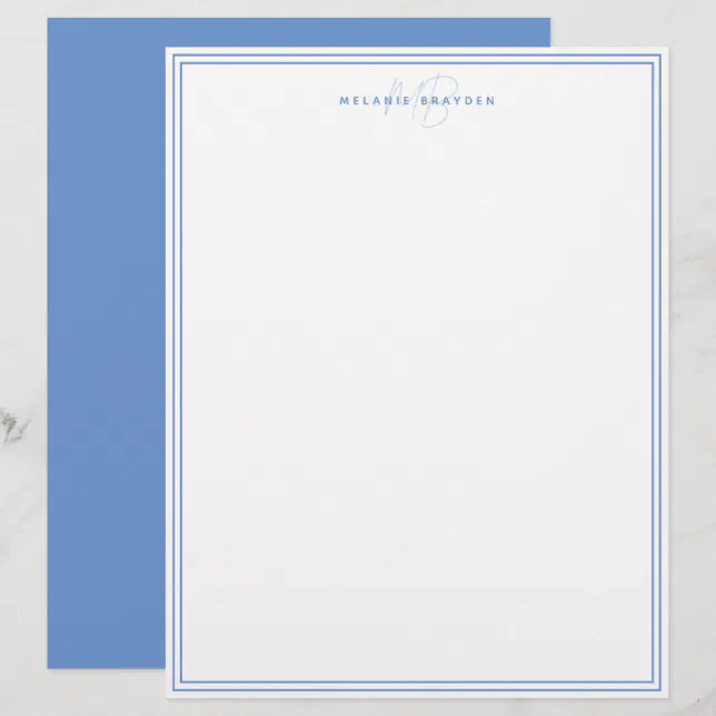 Dusty Blue Minimalist Monogram Two Border Letterhead | Zazzle