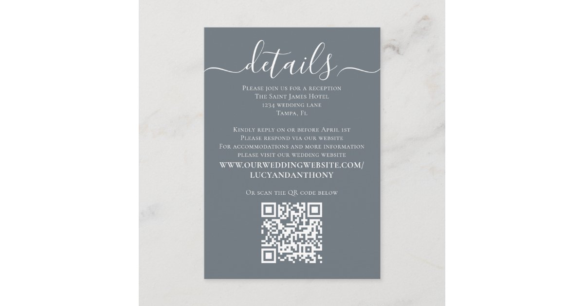 Dusty Blue Minimalist QR Code Calligraphy Details Enclosure Card | Zazzle