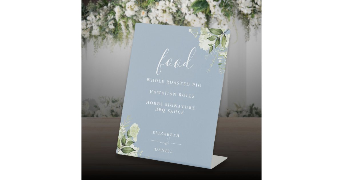 Dusty Blue Modern Floral Greenery Food Menu Pedestal Sign | Zazzle