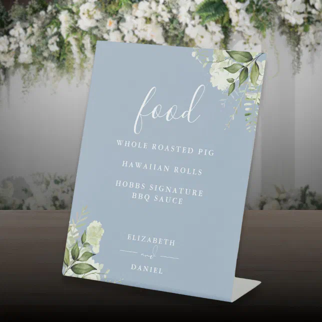 Dusty Blue Modern Floral Greenery Food Menu Pedestal Sign | Zazzle
