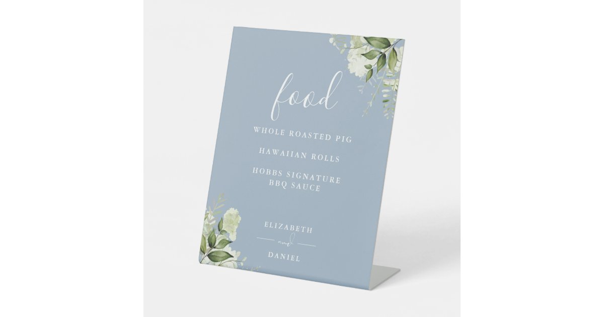Dusty Blue Modern Floral Greenery Food Menu Pedestal Sign | Zazzle