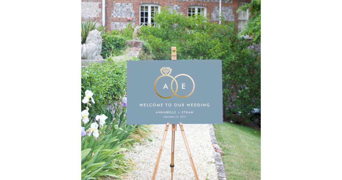 Dusty Blue Modern Gold Rings Wedding Welcome Sign | Zazzle