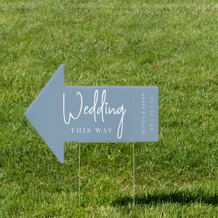 Dusty Blue Modern Handwritten Wedding This Way Sign | Zazzle