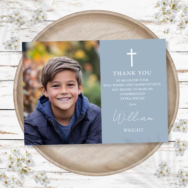 Dusty Blue Modern Photo Confirmation Thank You Card | Zazzle