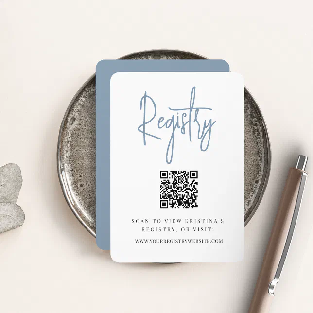 Dusty Blue | Modern Script QR Code Bridal Registry Enclosure Card | Zazzle