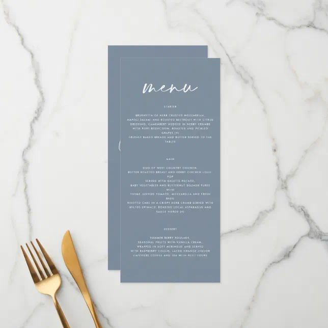 Dusty blue modern simple elegant script wedding menu | Zazzle