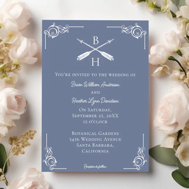Dusty Blue Monogram and Arrows Wedding Invitation | Zazzle