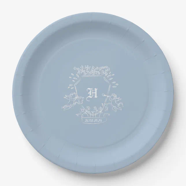 Dusty Blue Monogram Baby Shower Paper Plates | Zazzle