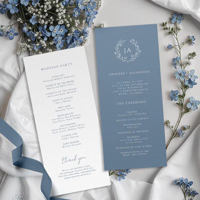 Dusty Blue Monogram Wedding Program | Zazzle