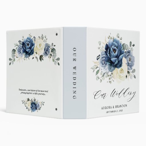 Dusty Blue Navy Champagne Ivory Floral Wedding 3 Ring Binder | Zazzle